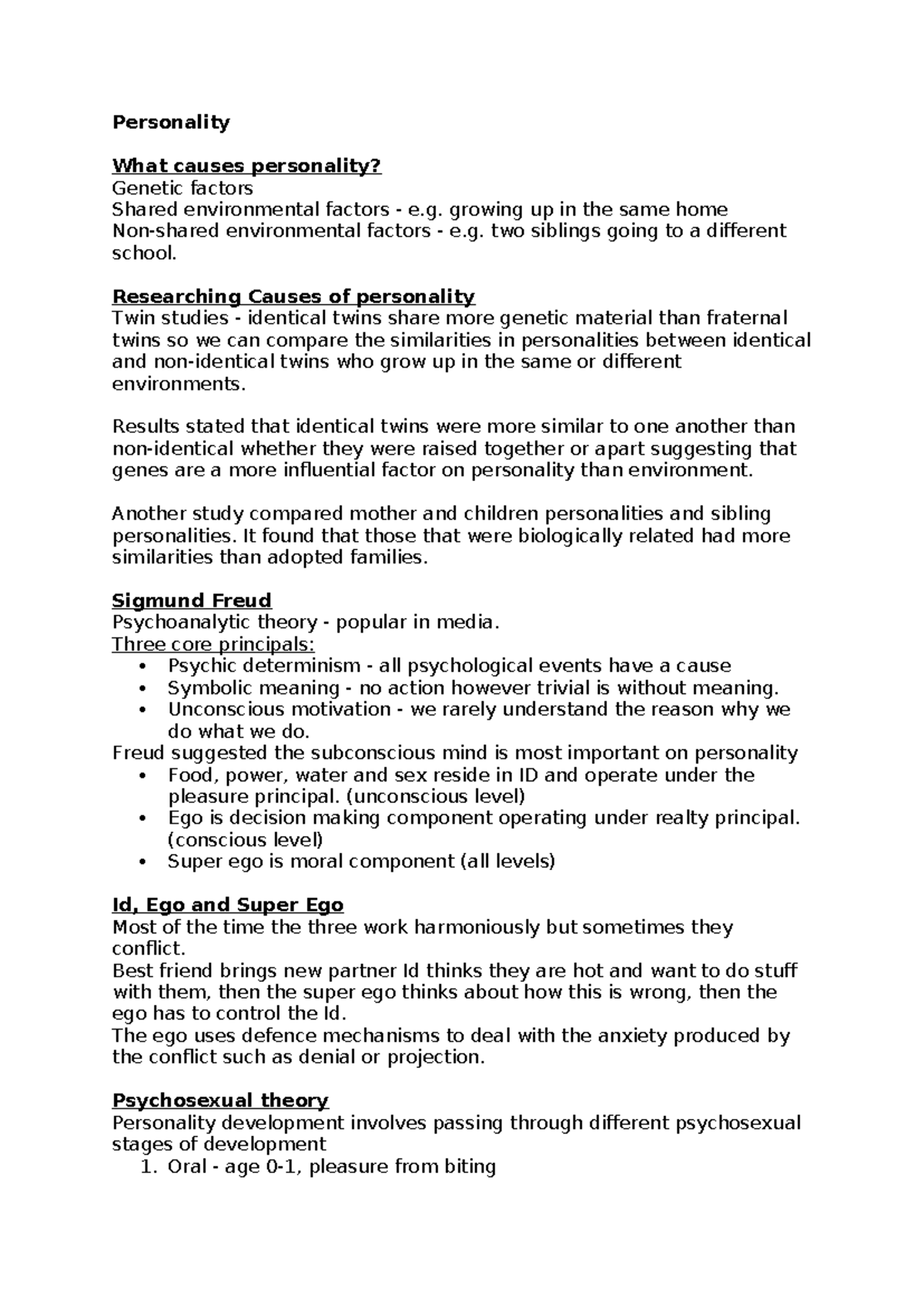 PSYC1030 Personality Notes - Personality What causes personality ...