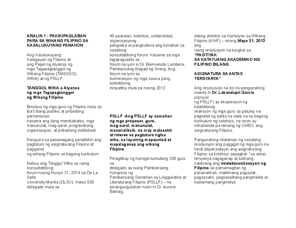 Gned-11 - ARALIN 1 : PAKIKIPAGLABAN PARA SA WIKANG FILIPINO SA ...