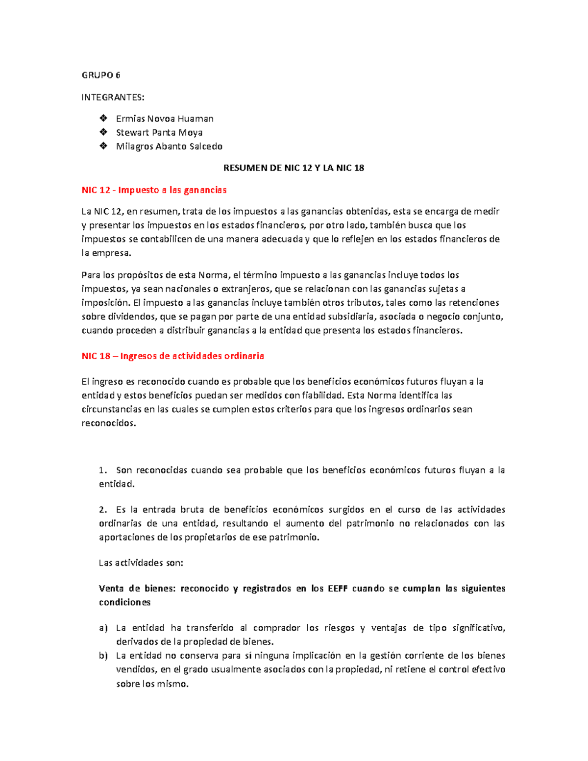 Resumen DE NIC 12 Y LA NIC 18 - GRUPO 6 INTEGRANTES: Ermias Novoa ...