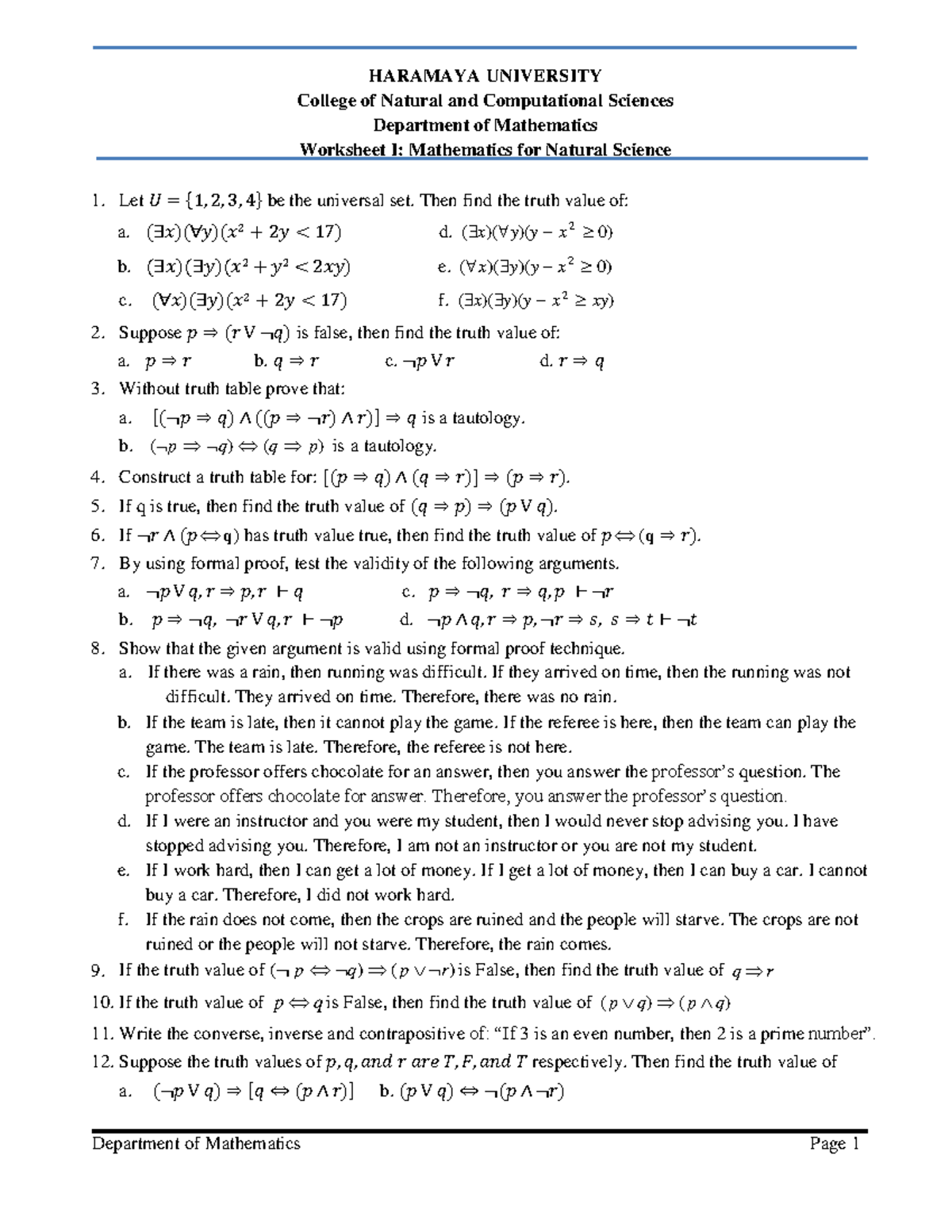 Worksheet I for Math for NS - Department of Mathematics Page 1 HARAMAYA ...