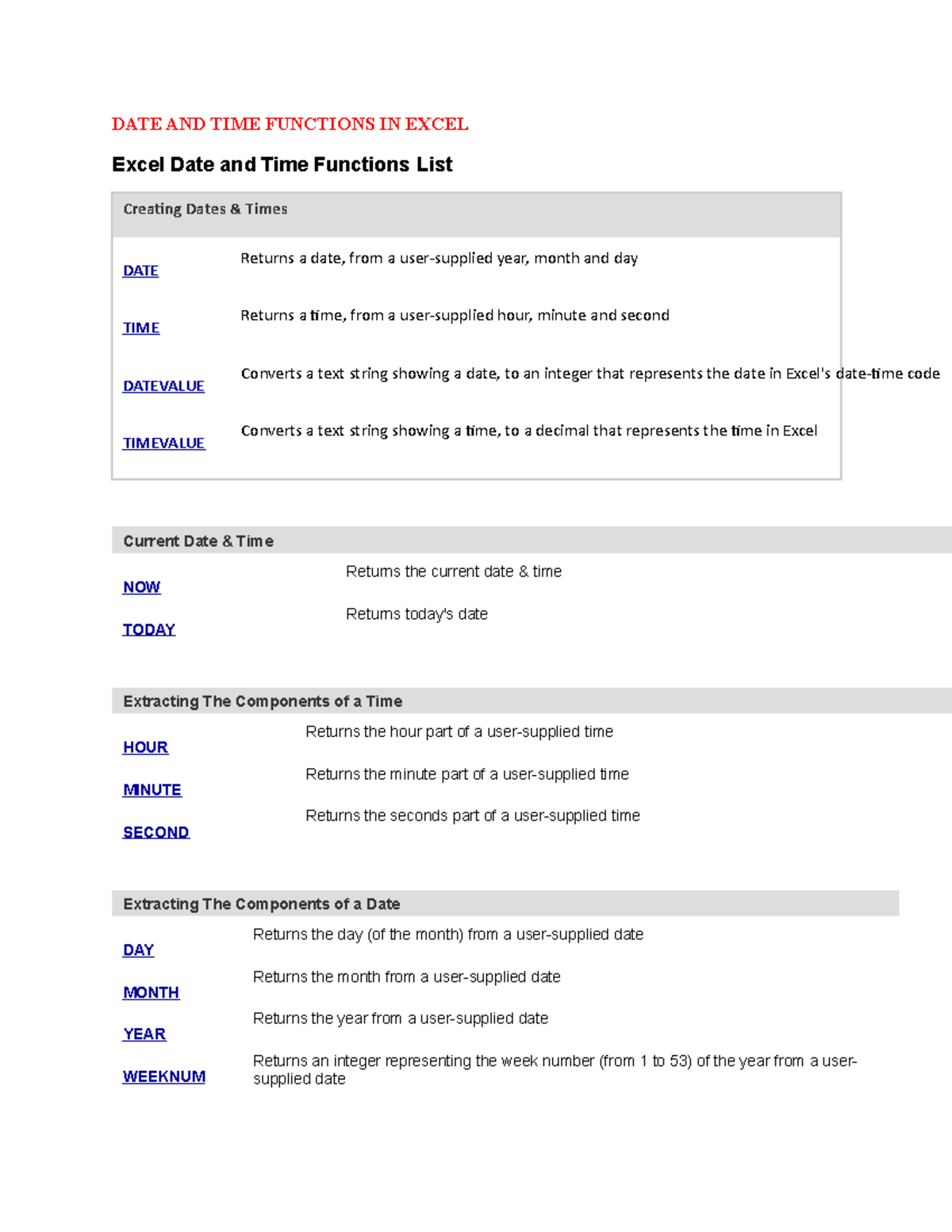 Date and Time Functions - In order to do this, press F1 (or right-click ...