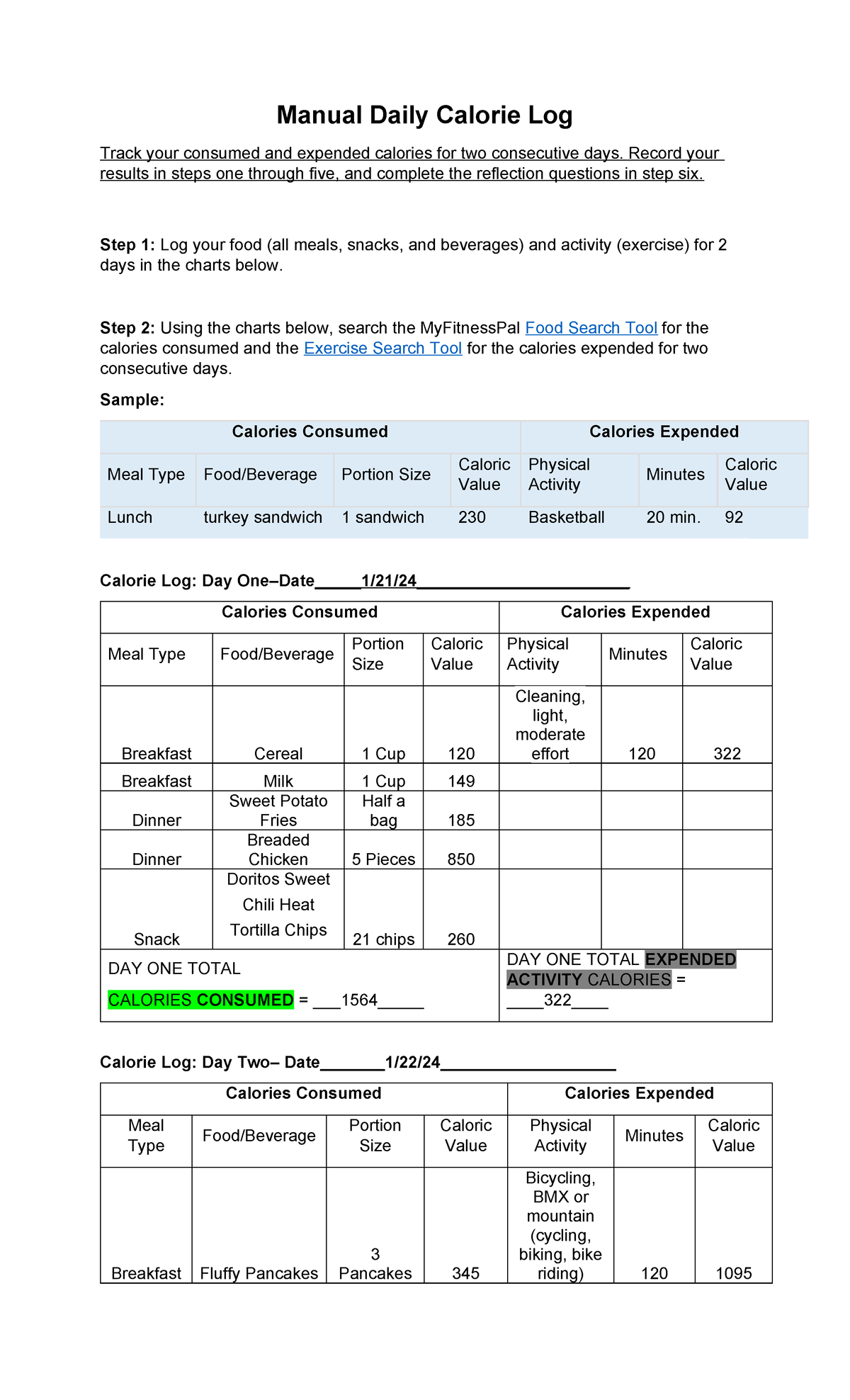 4.05 Personal Menue manual daily calorie log - Manual Daily Calorie Log ...