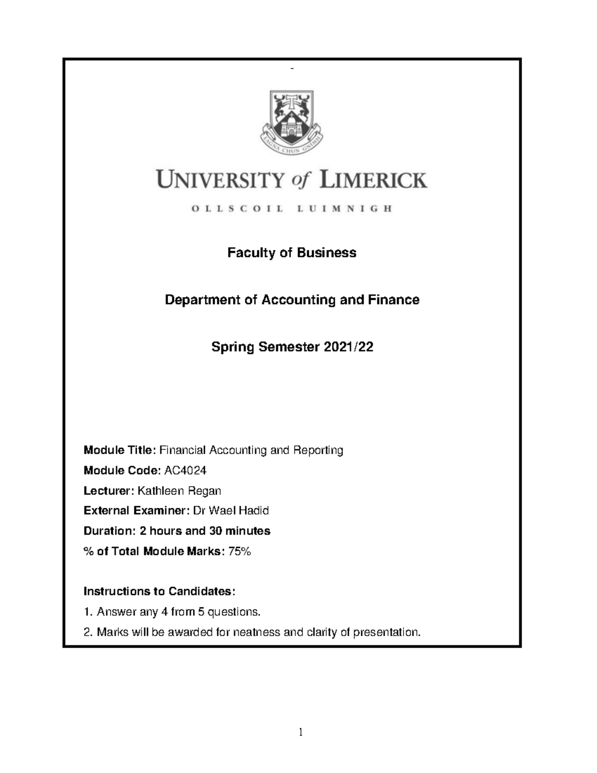 AC4024 Spring Exam paper 2022 - Faculty of Business Department of ...