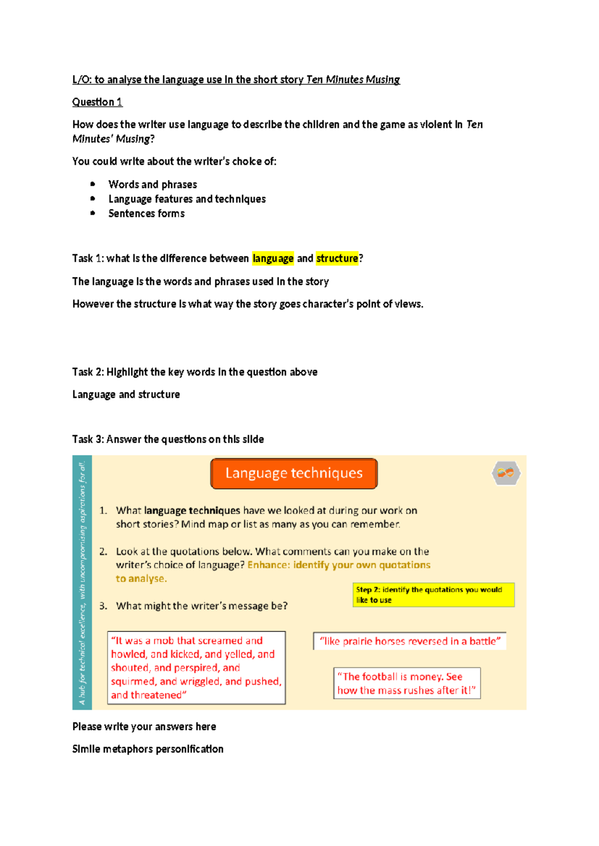 25 Lang student answer sheet work copy - L/O: to analyse the language ...