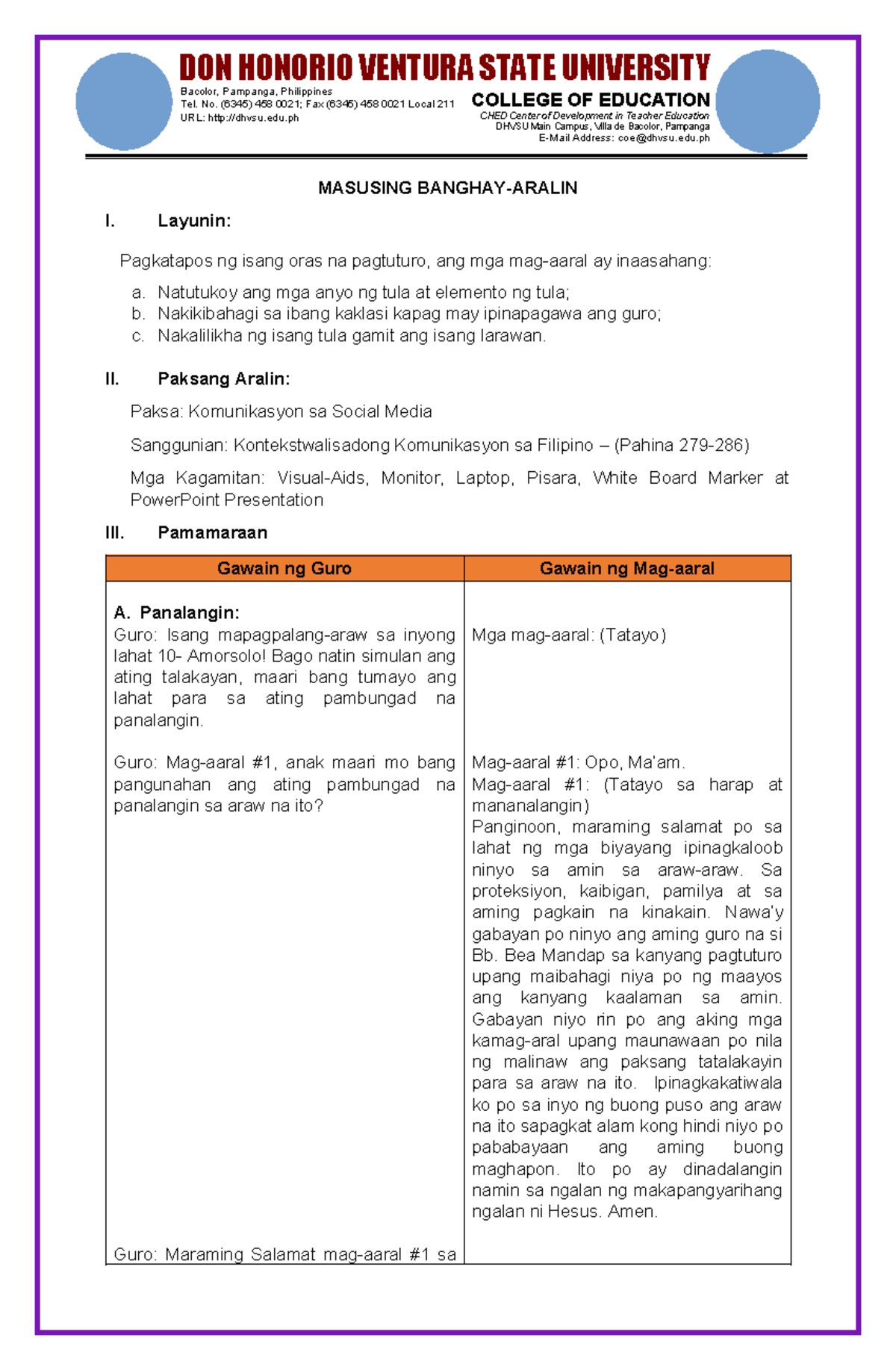 DLP (Tula) - Lesson Plan - MASUSING BANGHAY-ARALIN I. Layunin ...