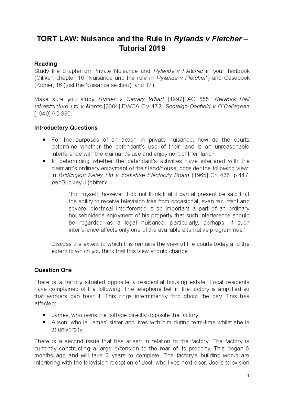 Tort Law tutorial - notes - TORT LAW: Nuisance and the Rule in Rylands ...