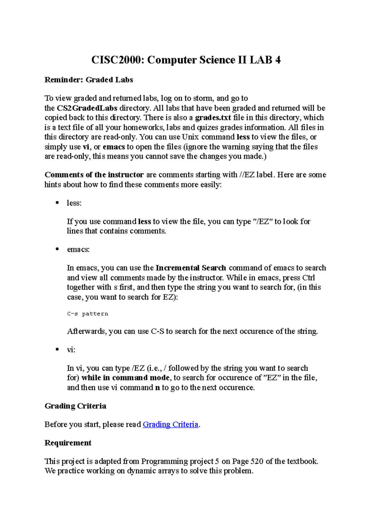 Cisc2000 Computer Science Ii Lab 4 All Labs That Have Been Graded And Returned Will Be Copied