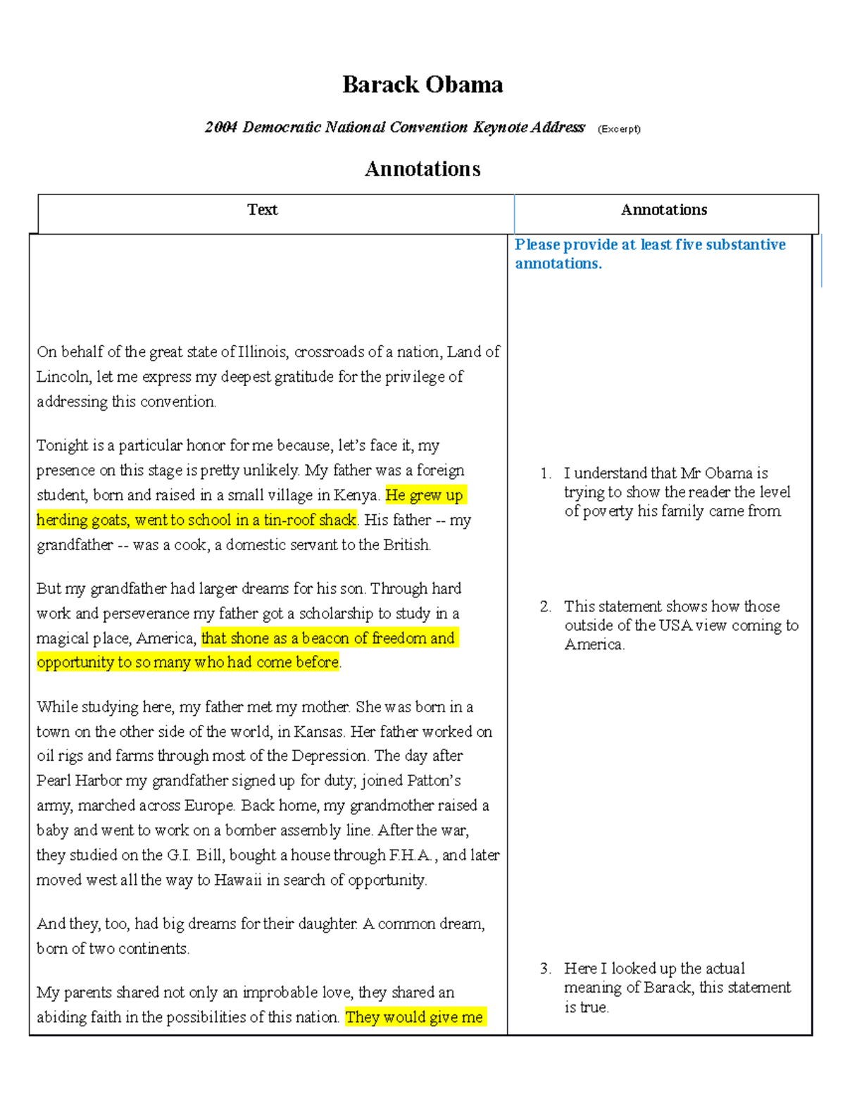 Eng 211, Summary Worksheet (3) (1) - Barack Obama 2004 Democratic ...
