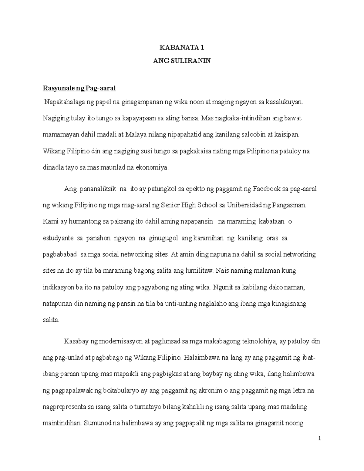 Research Sample IN Filipino - KABANATA 1 ANG SULIRANIN Rasyunale ng Pag ...