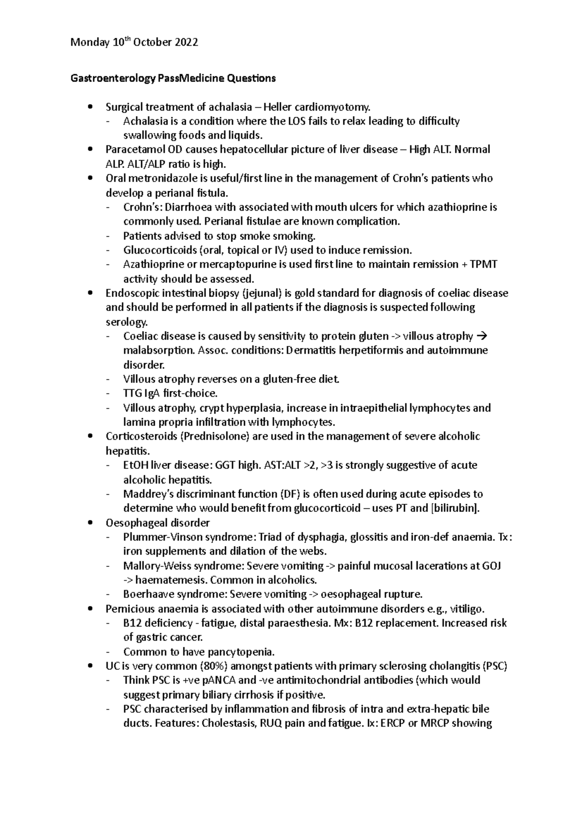 Gastroenterology Pass Medicine Questions - Monday 10th October 2022 ...