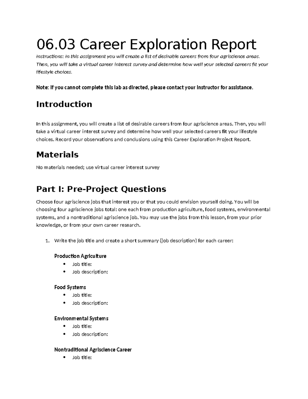 Career exploration report - 06 Career Exploration Report Instructions ...