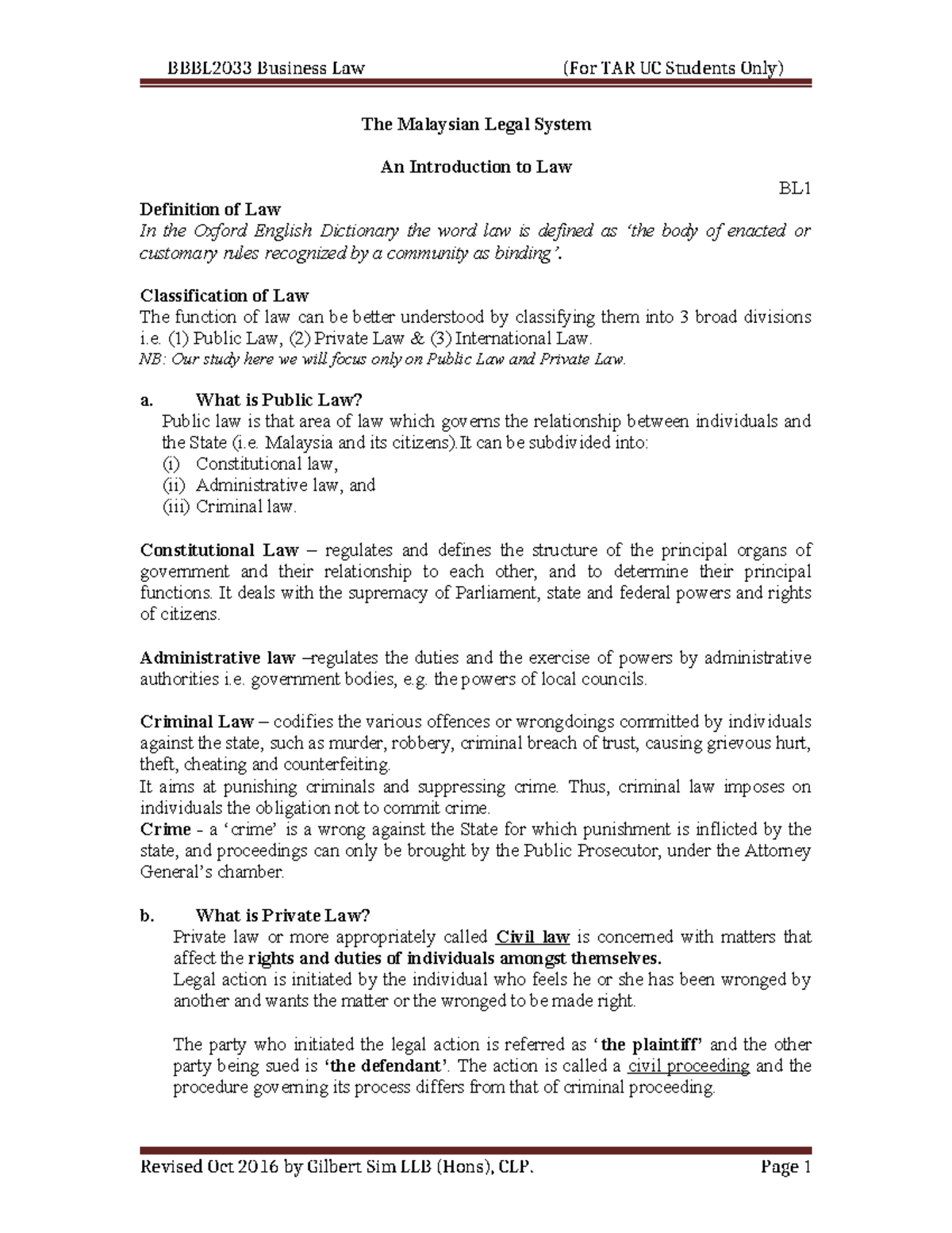 Ch 1 An Introduction to Law BL1 - The Malaysian Legal System An ...