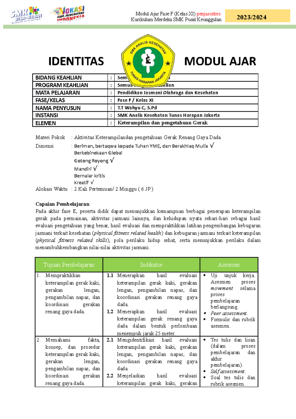 7. Aktivitas Renang GAYA DADA SMK XI - IDENTITAS MODUL AJAR BIDANG ...