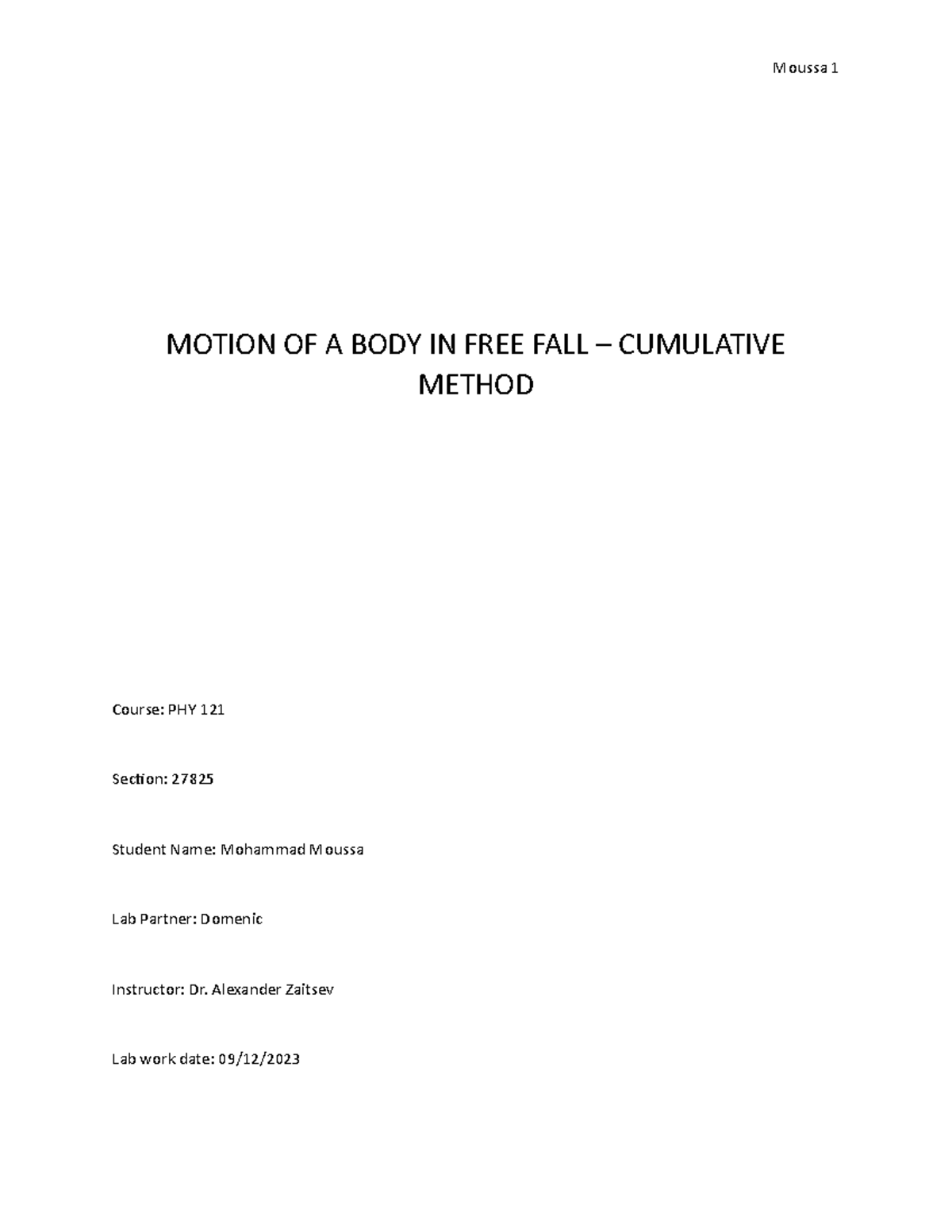 Lab3physicspdfprint - lab - MOTION OF A BODY IN FREE FALL – CUMULATIVE ...