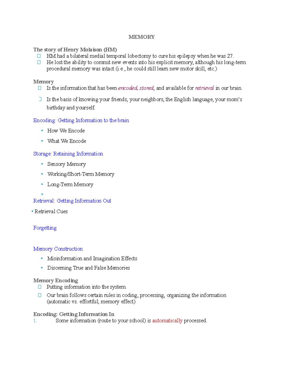 CH.6.1 PSCH Lecture Notes - MEMORY The story of Henry Molaison (HM ...