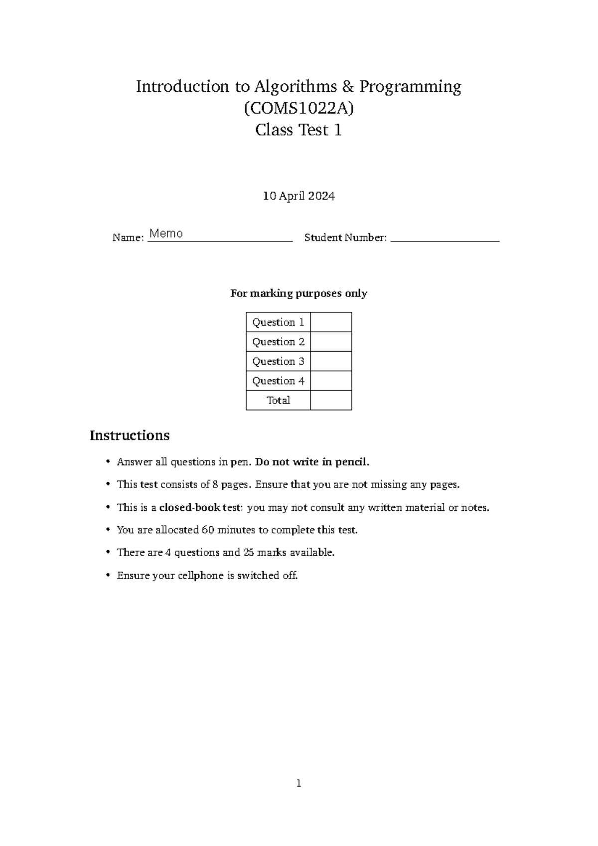 Coms1022a test2 - Introduction to Algorithms & Programming (COMS1022A ...