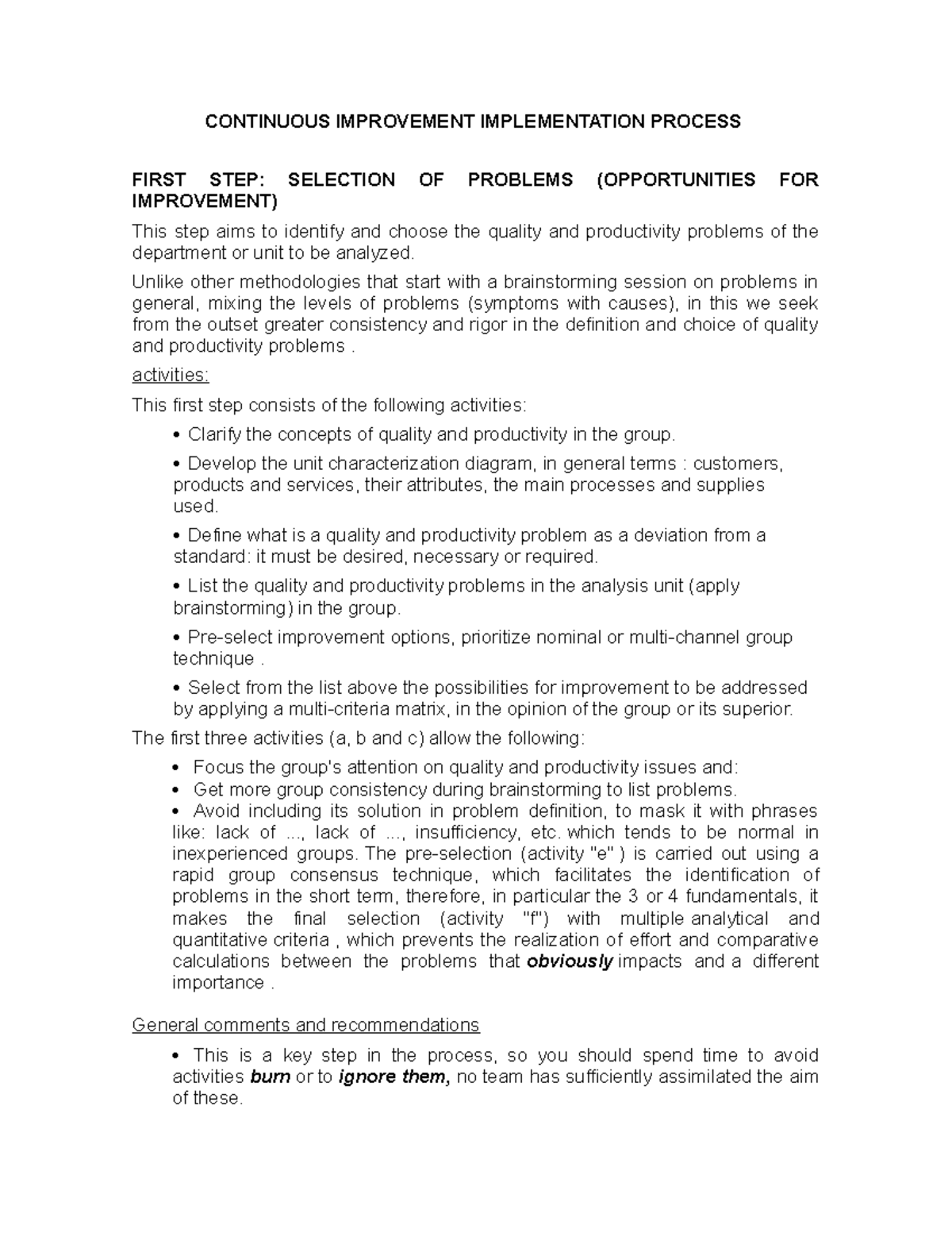 CONTINUOUS IMPROVEMENT IMPLEMENTATION PROCESS - - Studocu