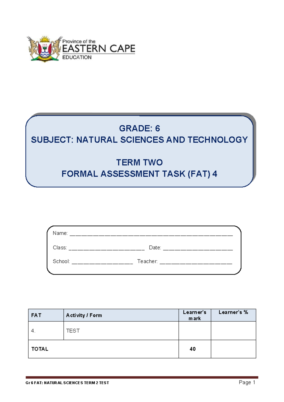 2024 NST Grade 6 TEST TERM 2 - FAT Activity / Form Learner’s mark ...