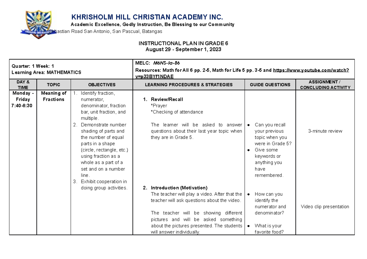 LP-Math-W1 - Mathematics - KHRISHOLM HILL CHRISTIAN ACADEMY INC ...