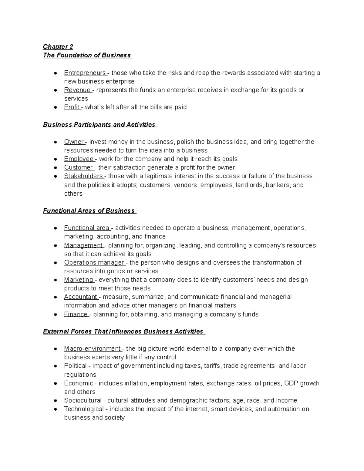 Chapter 2 - Textbook notes - Chapter 2 The Foundation of Business ...