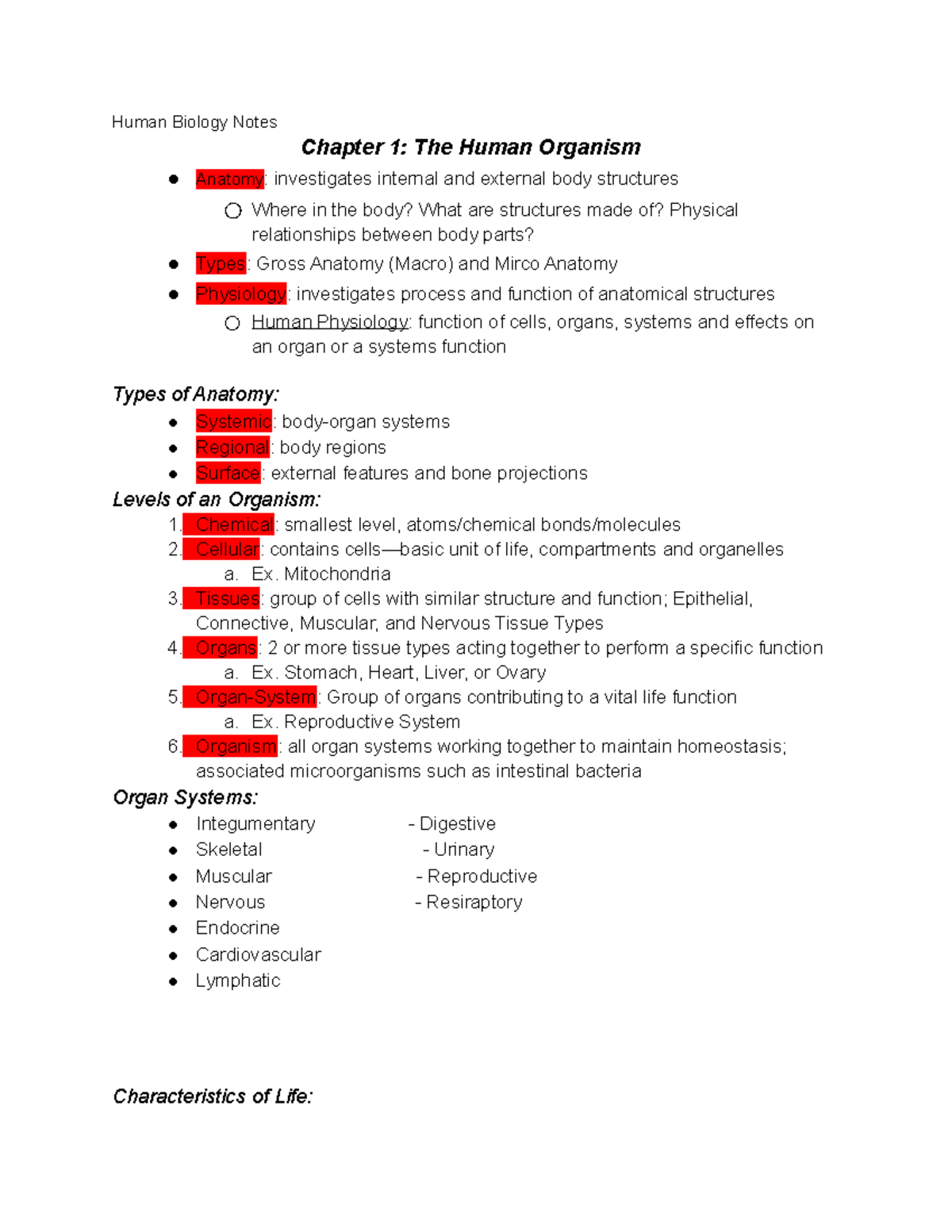 Untitled document - Lecture Notes - Human Biology Notes Chapter 1: The ...