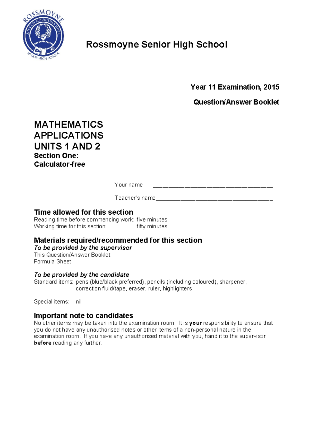 WAEP 2015 YR11 APPS U12 S1 - Rossmoyne Senior High School Year 11 ...