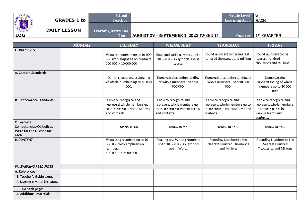 DLL MATH 5 Q1 W1 - DLL - GRADES 1 to 12 DAILY LESSON LOG School: Grade Level: V Teacher ...