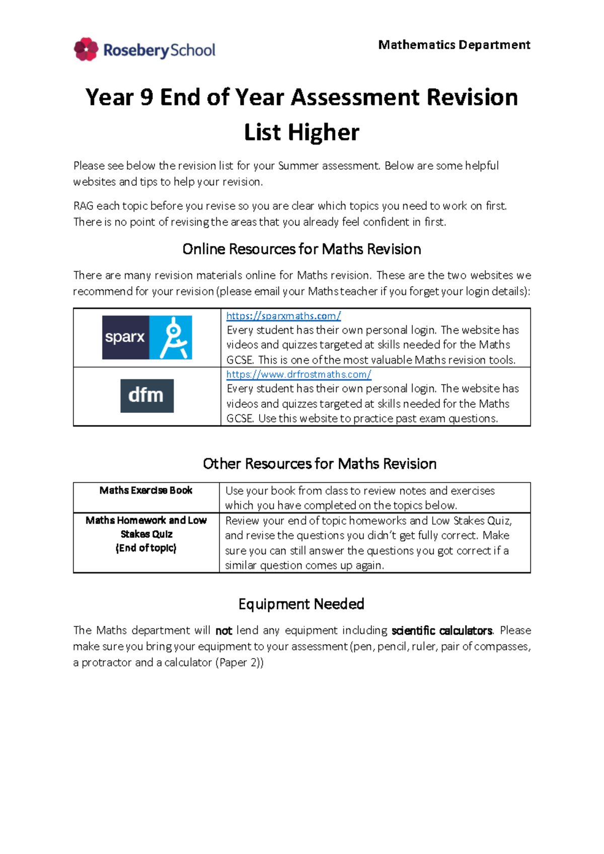 Year 9 Summer Revision Topics - Higher - Year 9 End of Year Assessment ...
