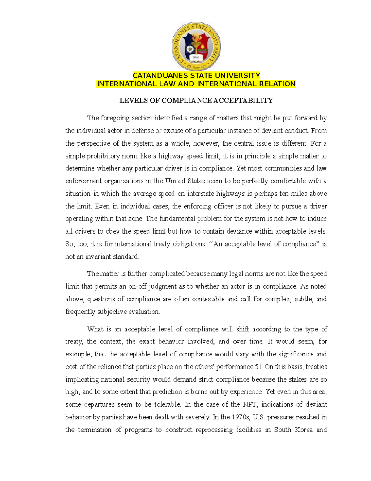 Levels OF Compliance Acceptability - INTERNATIONAL LAW AND ...