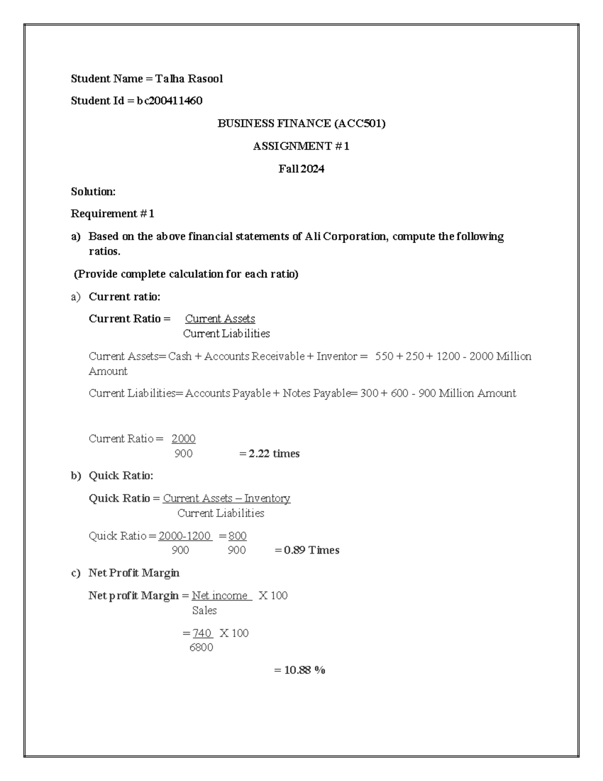 Assignment # 1 Acc501 - Student Name = Talha Rasool Student Id = bc ...
