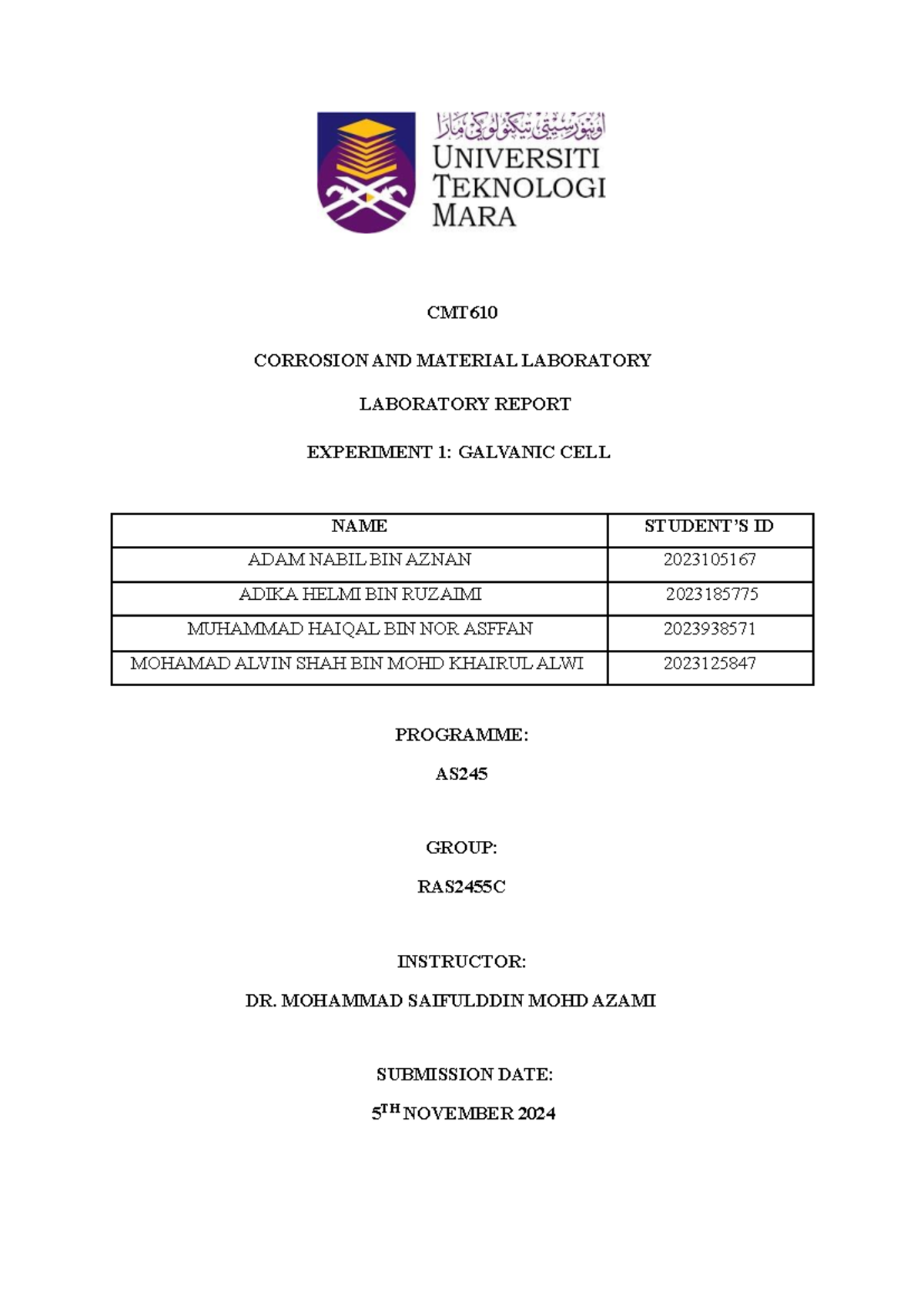 CMT 610 Experiment 1 Galvanic CELL - CMT CORROSION AND MATERIAL ...