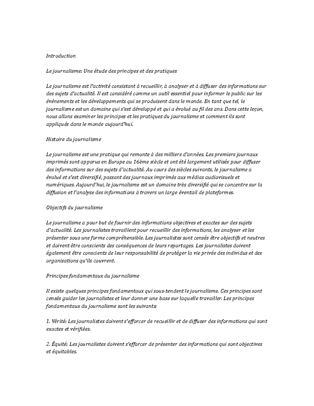 Journalisme Notes de cours - Introduction Le journalisme: Une étude des ...