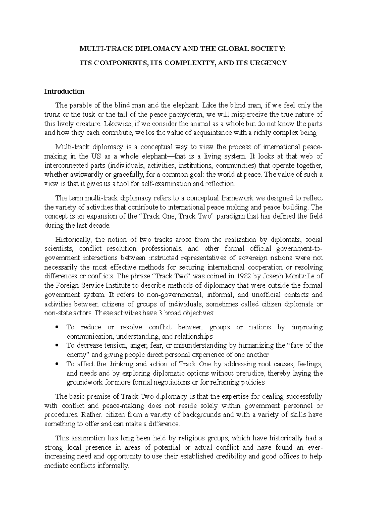 multi-track diplomacy - MULTI-TRACK DIPLOMACY AND THE GLOBAL SOCIETY ...