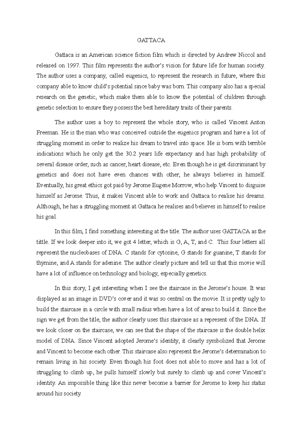 the lecture notes (gattaca) - GATTACA Gattaca is an American science ...