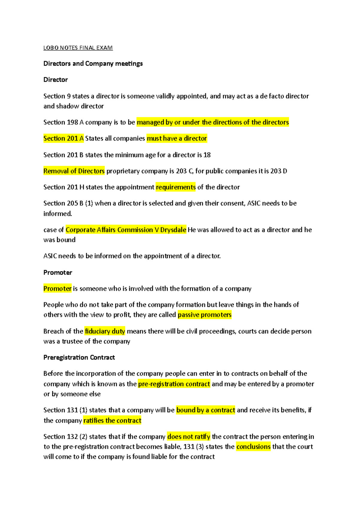 LOBO Notes - LOBO NOTES FINAL EXAM Directors and Company meetings ...