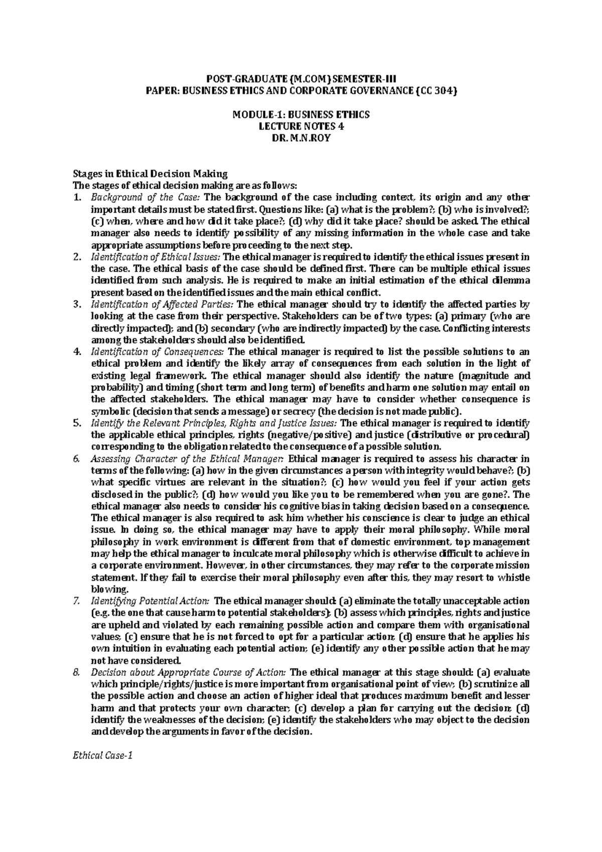 DR.M - Case study - POST-GRADUATE (M) SEMESTER-III PAPER: BUSINESS ...