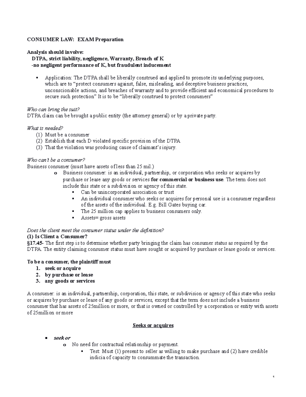 Consumer Law Outline - law - CONSUMER LAW: EXAM Preparation Analysis ...