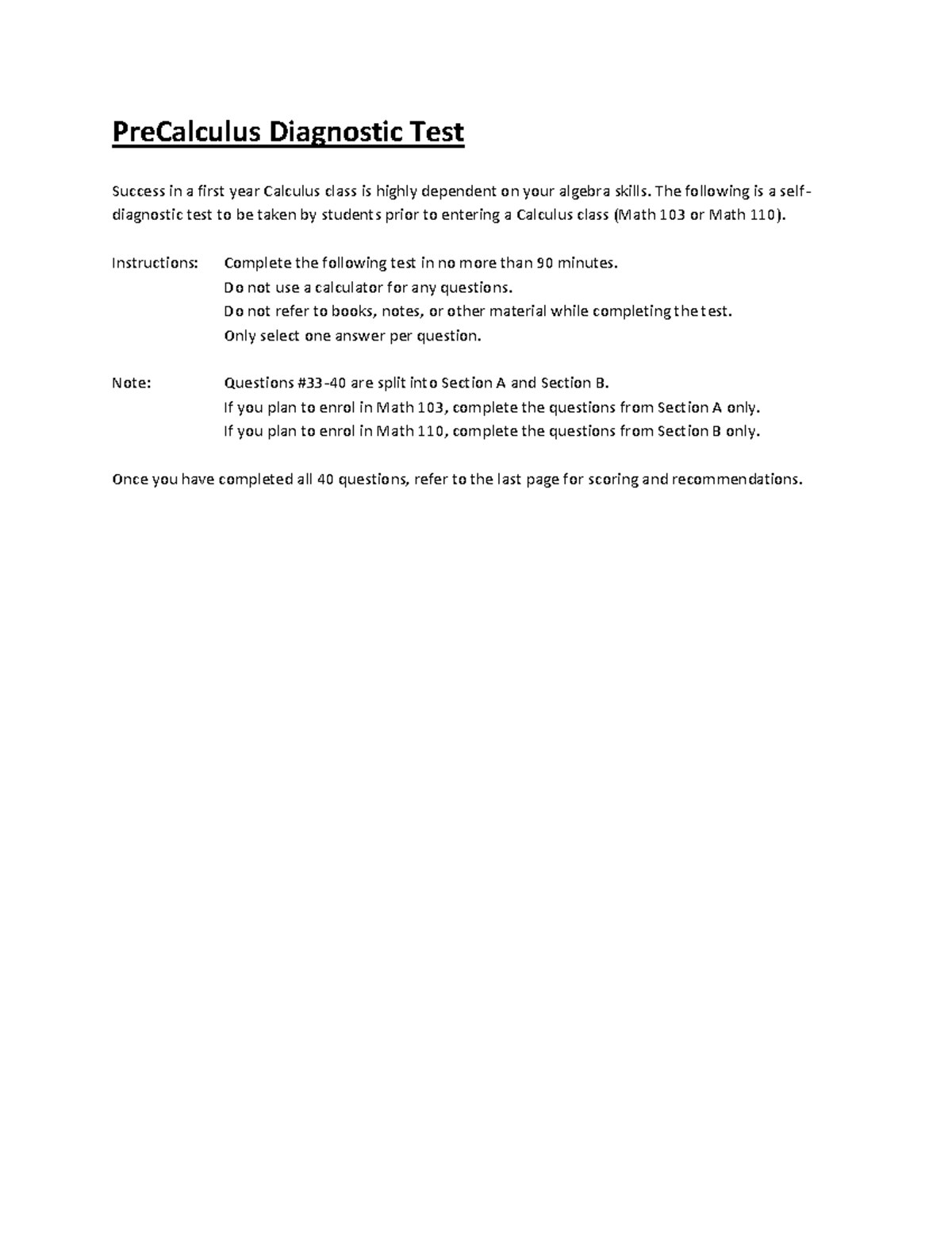 Diagnostic - The following is a self- diagnostic test to be taken by ...
