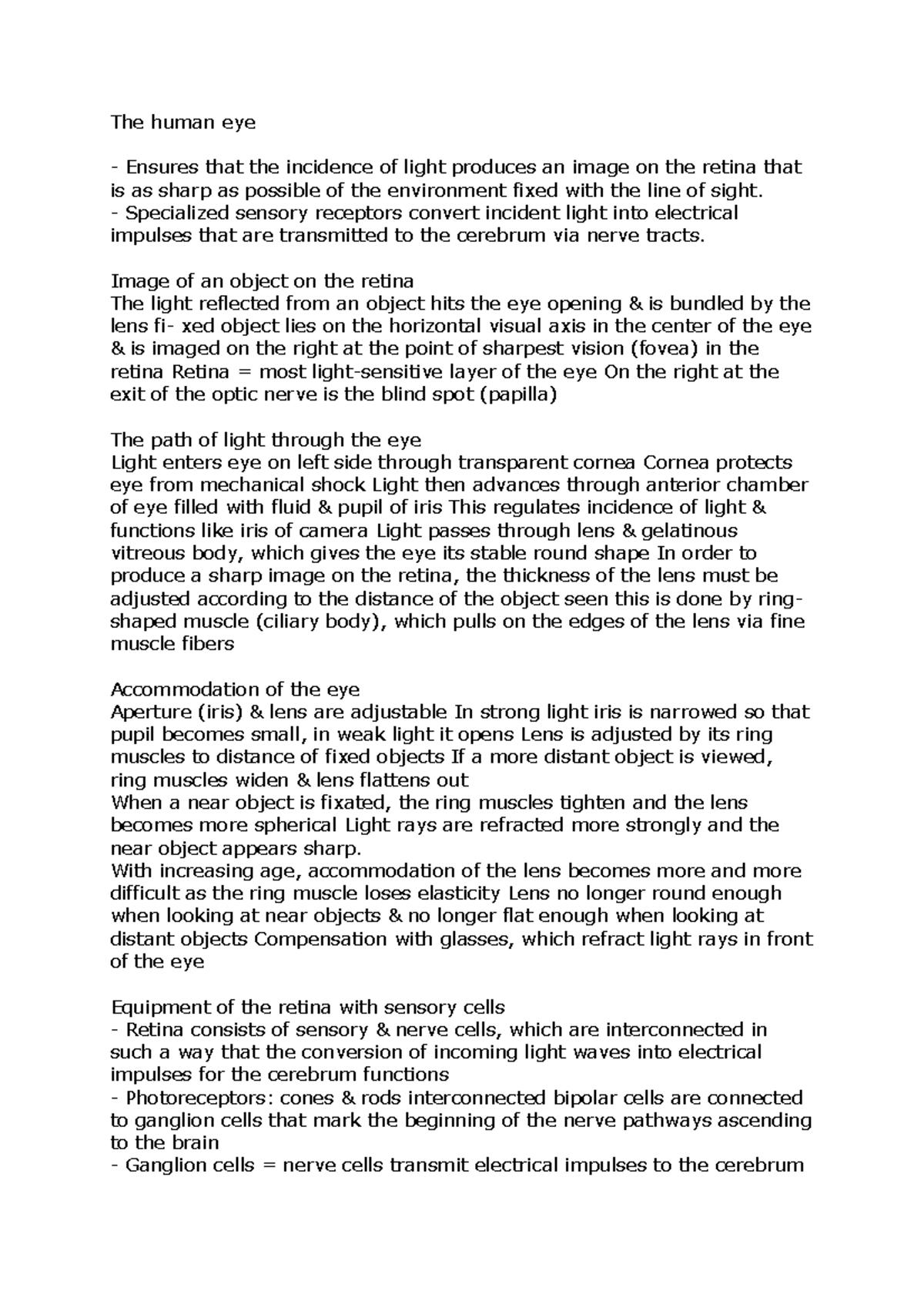 The human eye - Psycho notes, semester 1 - The human eye Ensures that ...