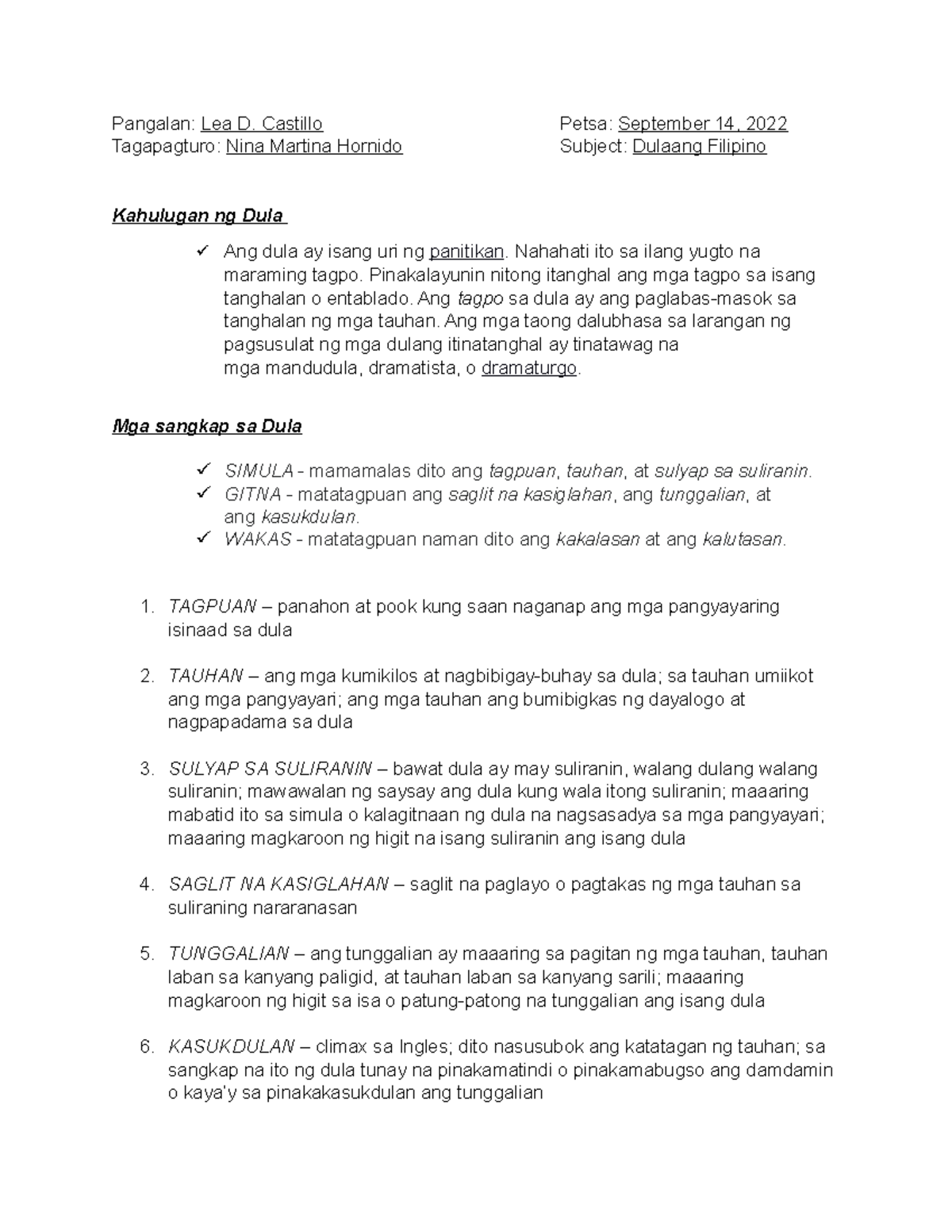 Dulaang Filipino - This is from the discussion of our teacher ...