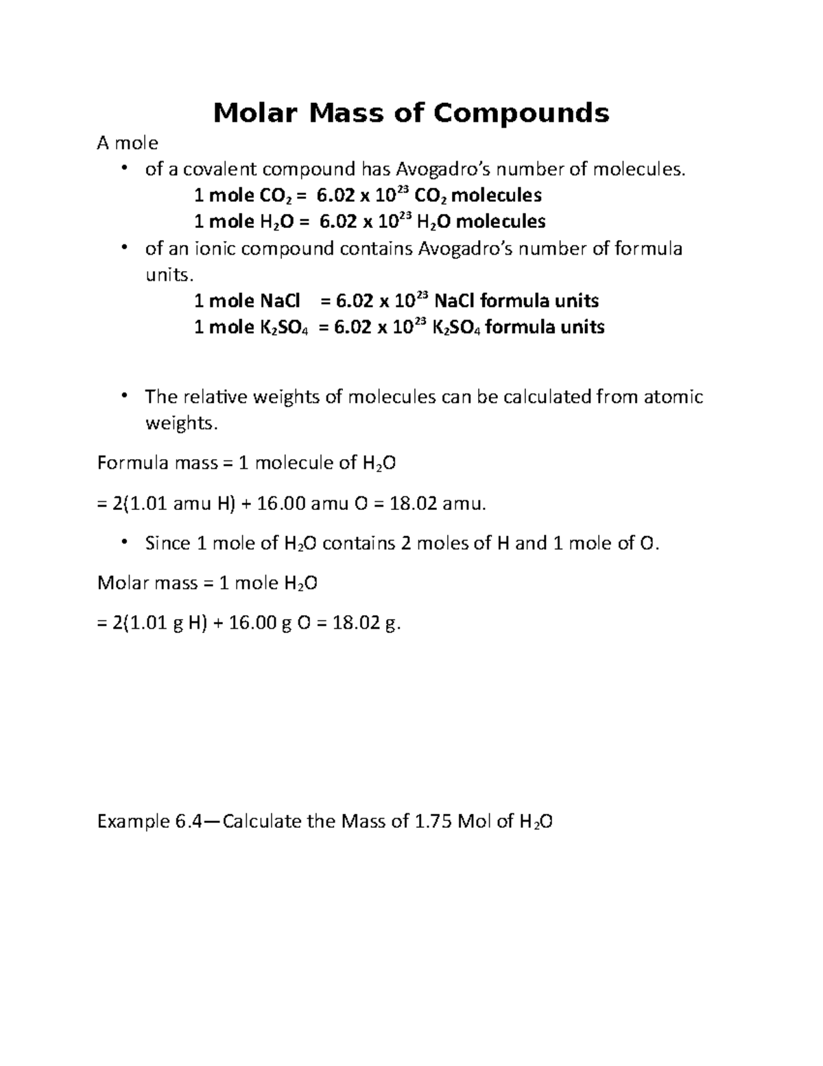 Chapter 6-Molar Mass of Compounds - Molar Mass of Compounds A mole - of ...