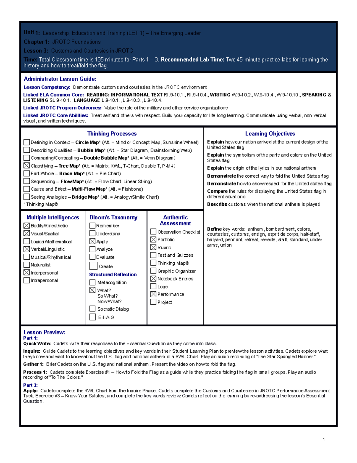 U1C1L3A0 Lesson Plan Flag Etiquette - Unit 1: Leadership, Education and ...