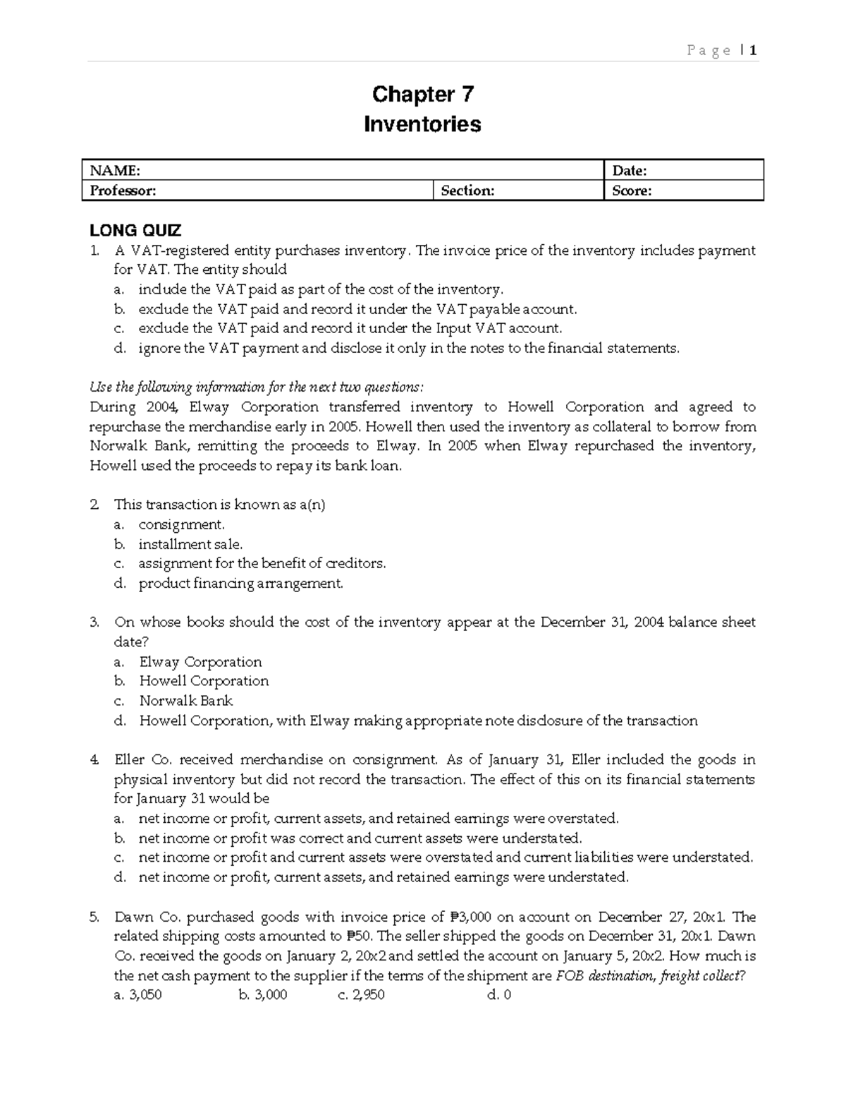 Scribd - advsDva - Chapter 7 Inventories NAME: Date: Professor: Section: Score: LONG QUIZ A ...