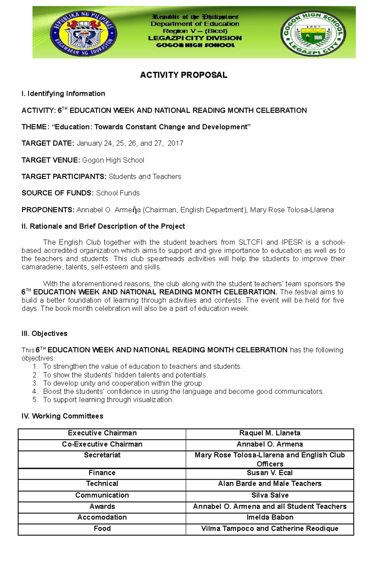National reading month proposal - ACTIVITY PROPOSAL I. Identifying ...