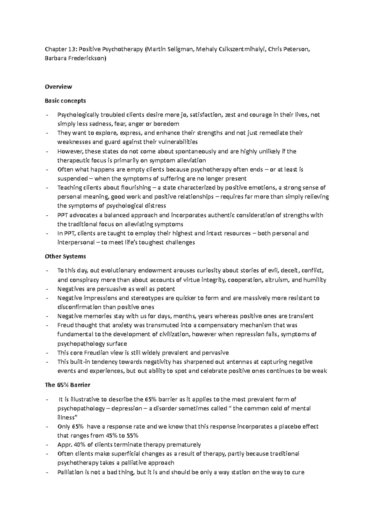 Chapter 13 - Summary - Chapter 13: Positive Psychotherapy (Martin ...