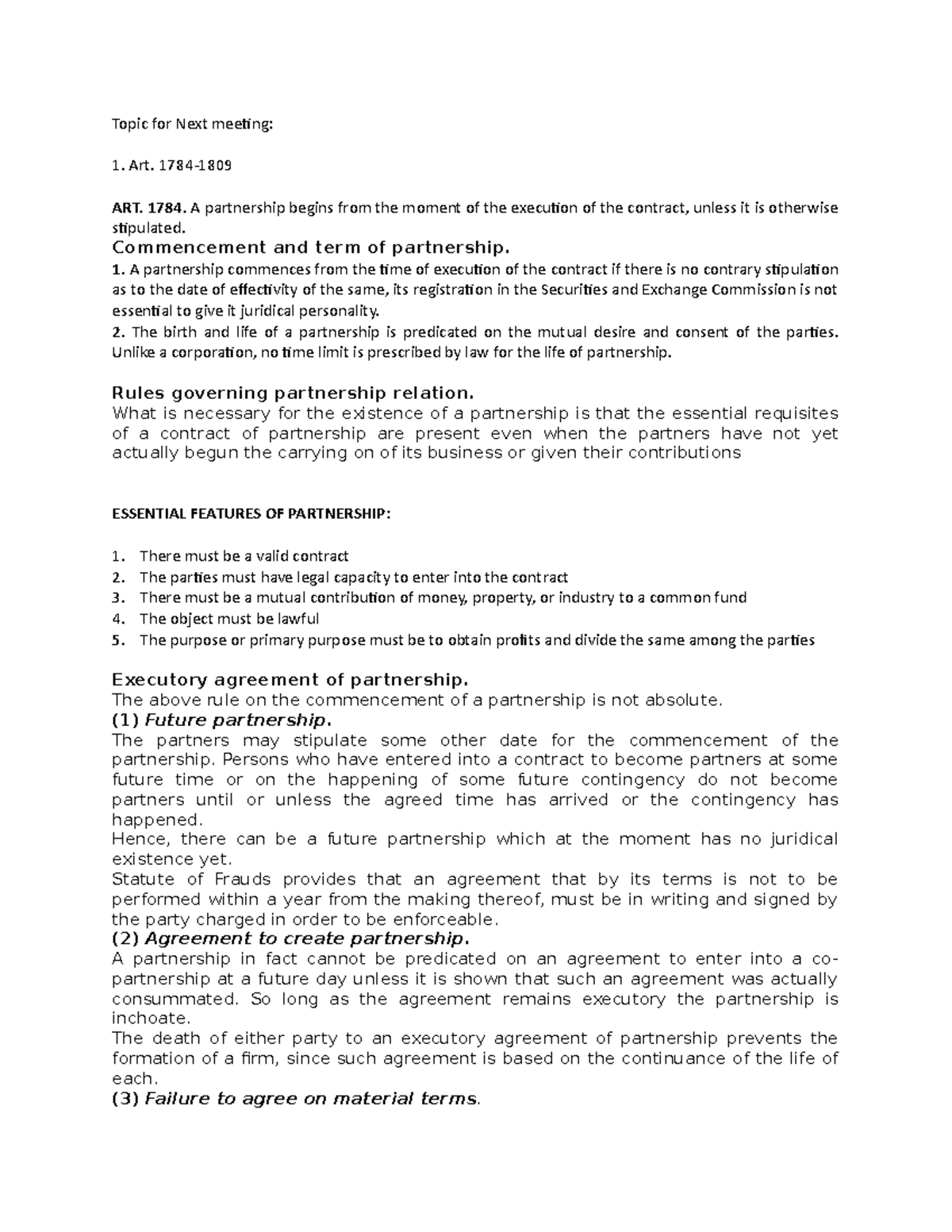 1784-1809 - agency partnership - Topic for Next meeting: Art. 1784- ART ...