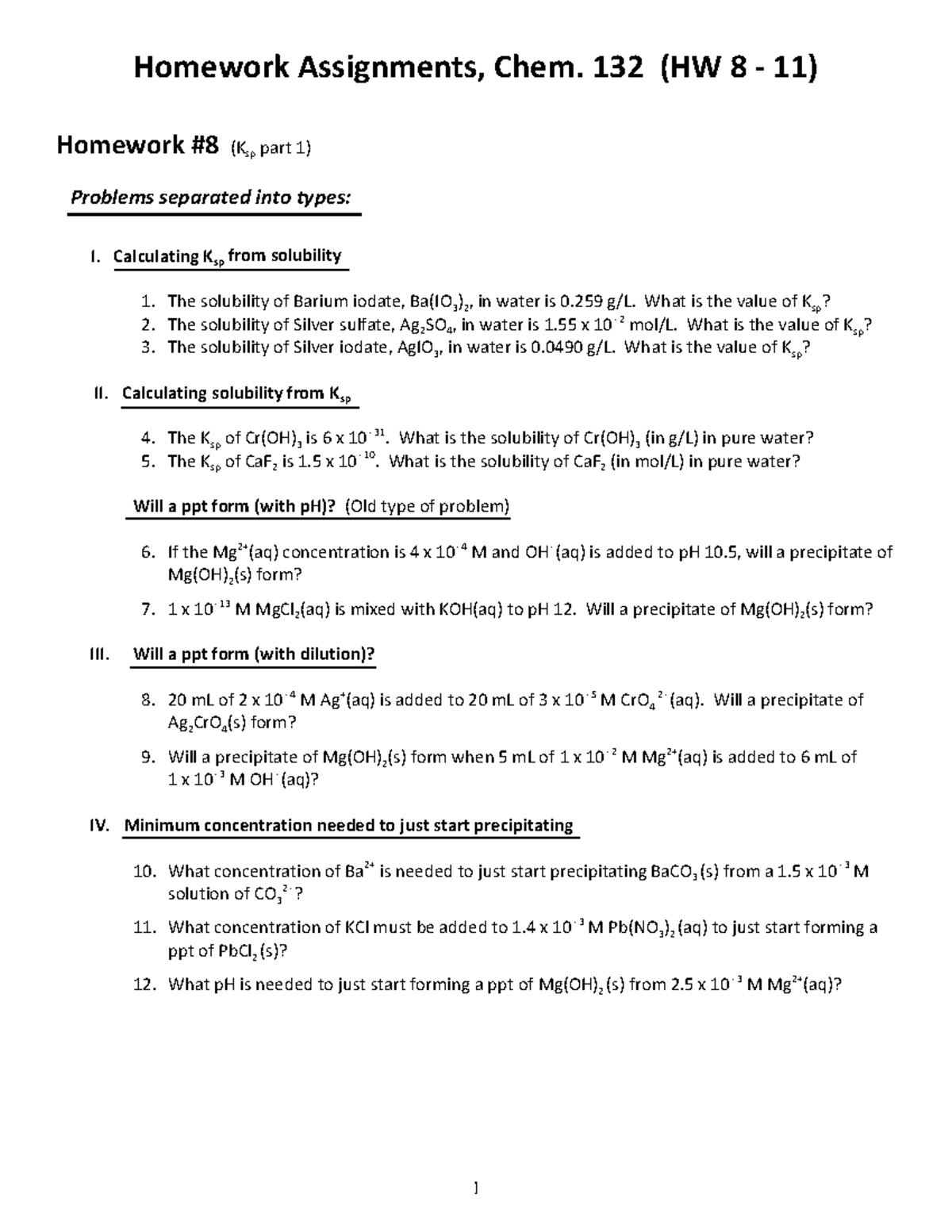 Homework Assignments 8 - 11 - Homework Assignments, Chem. 132 (HW 8 ...