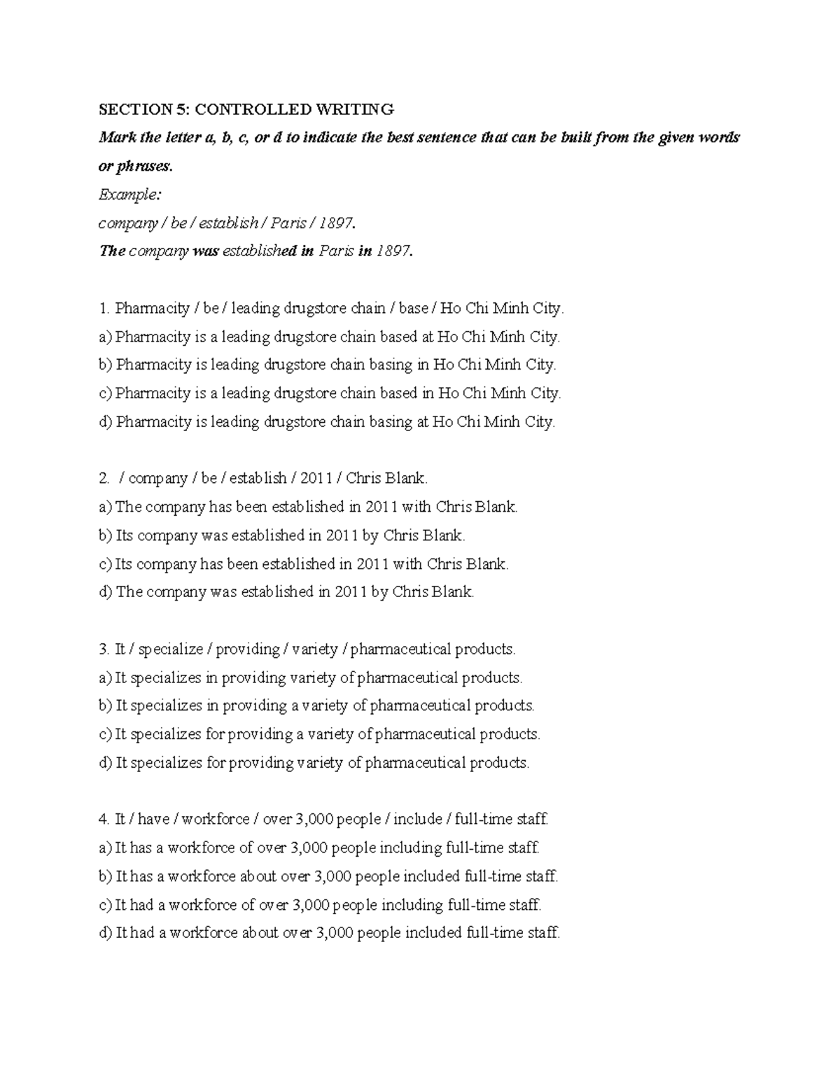Sample Writing Tasks - BTVN - SECTION 5: CONTROLLED WRITING Mark the ...