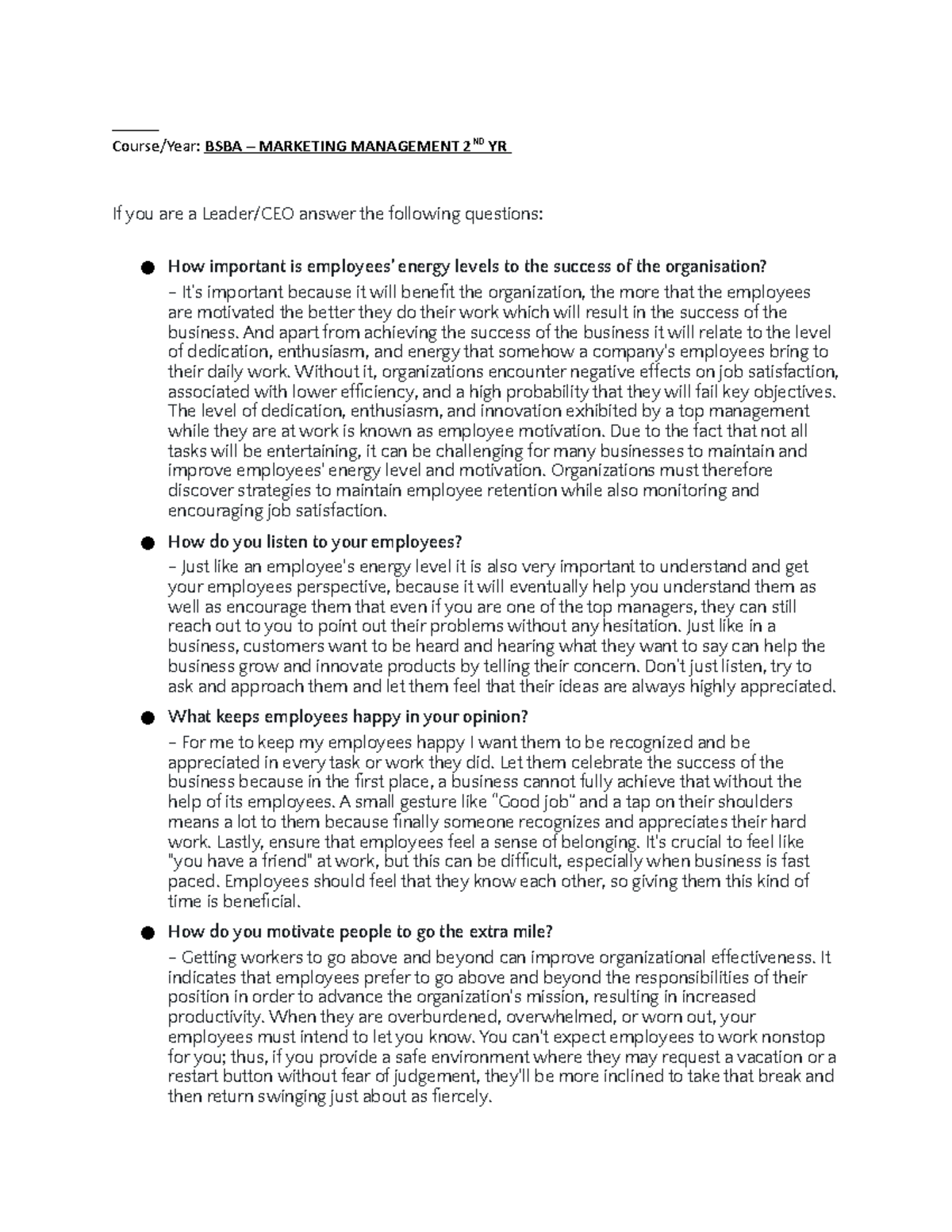 EML Activity - Course/Year: BSBA – MARKETING MANAGEMENT 2ND YR If you are a Leader/CEO answer ...