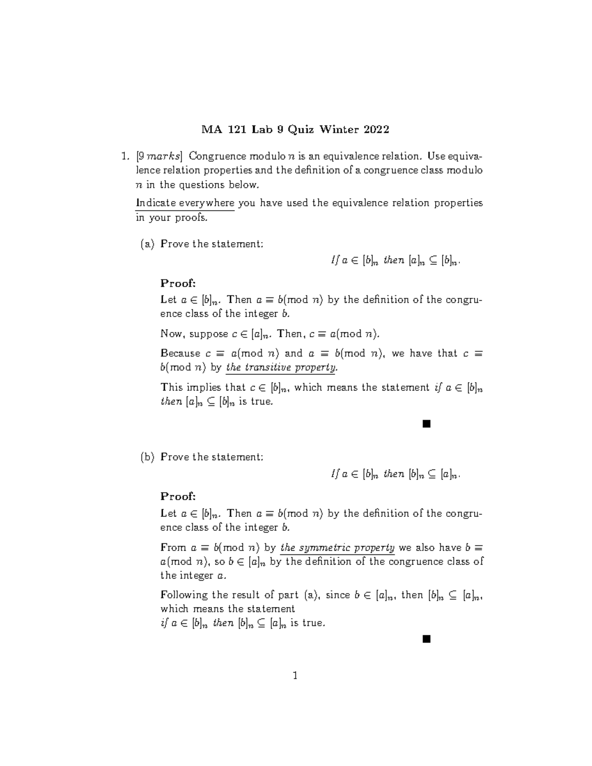 MA121 Lab9Soln W 22 - LAB PREPARATION - MA 121 Lab 9 Quiz Winter 2022 ...
